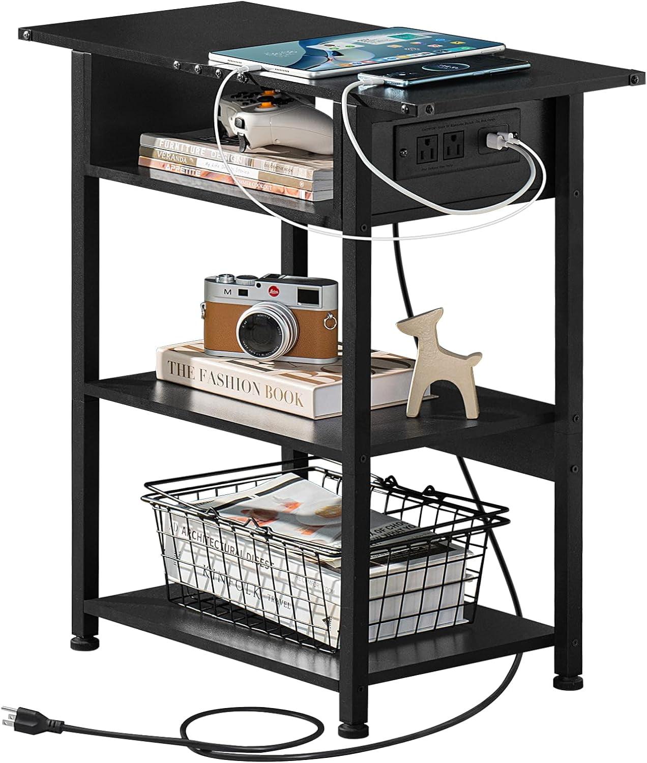 Side Table with Charging Station，Narrow End Table with USB Ports and ...