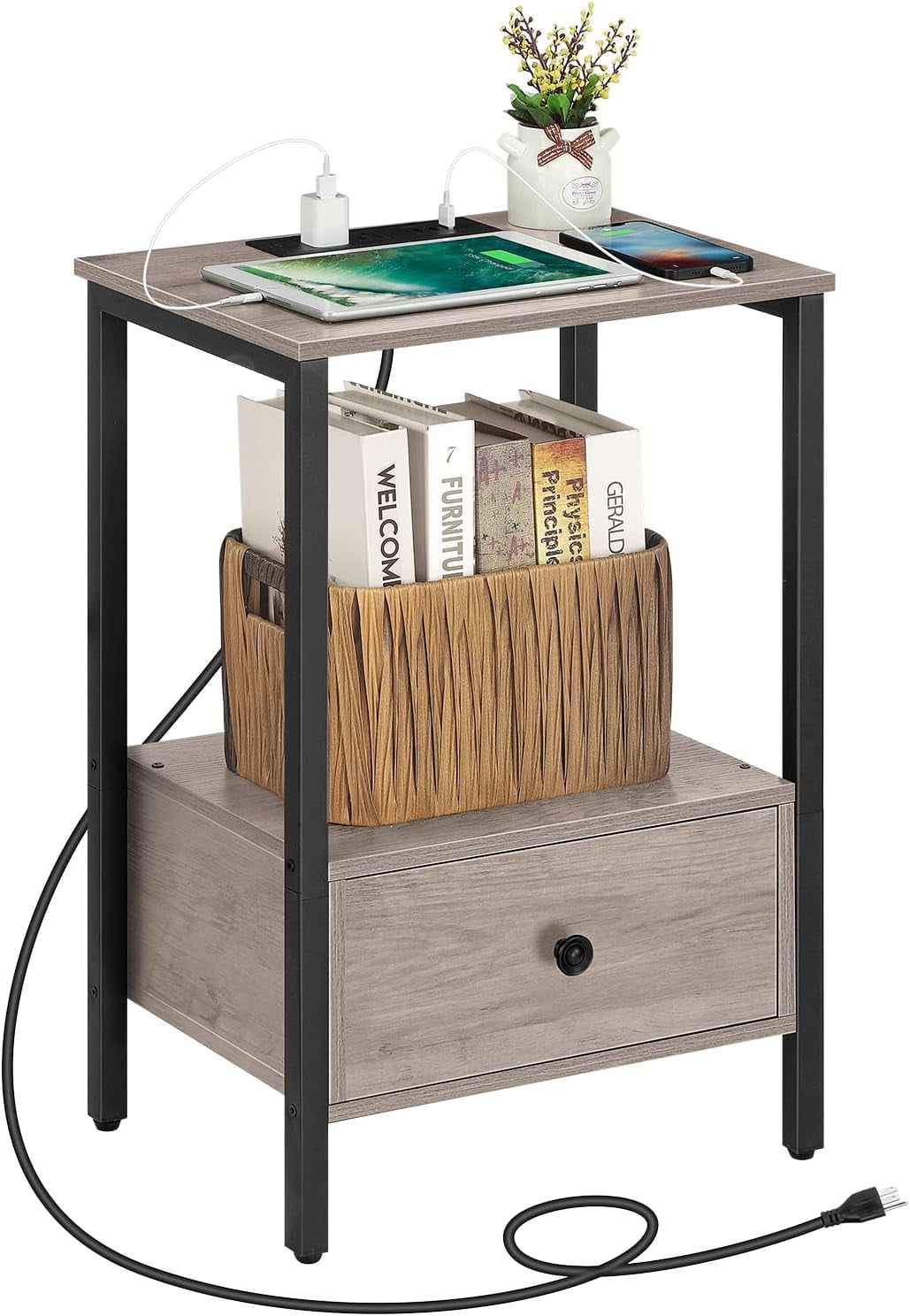 Side Table with Charging Station, Nightstand with USB Ports & Power ...