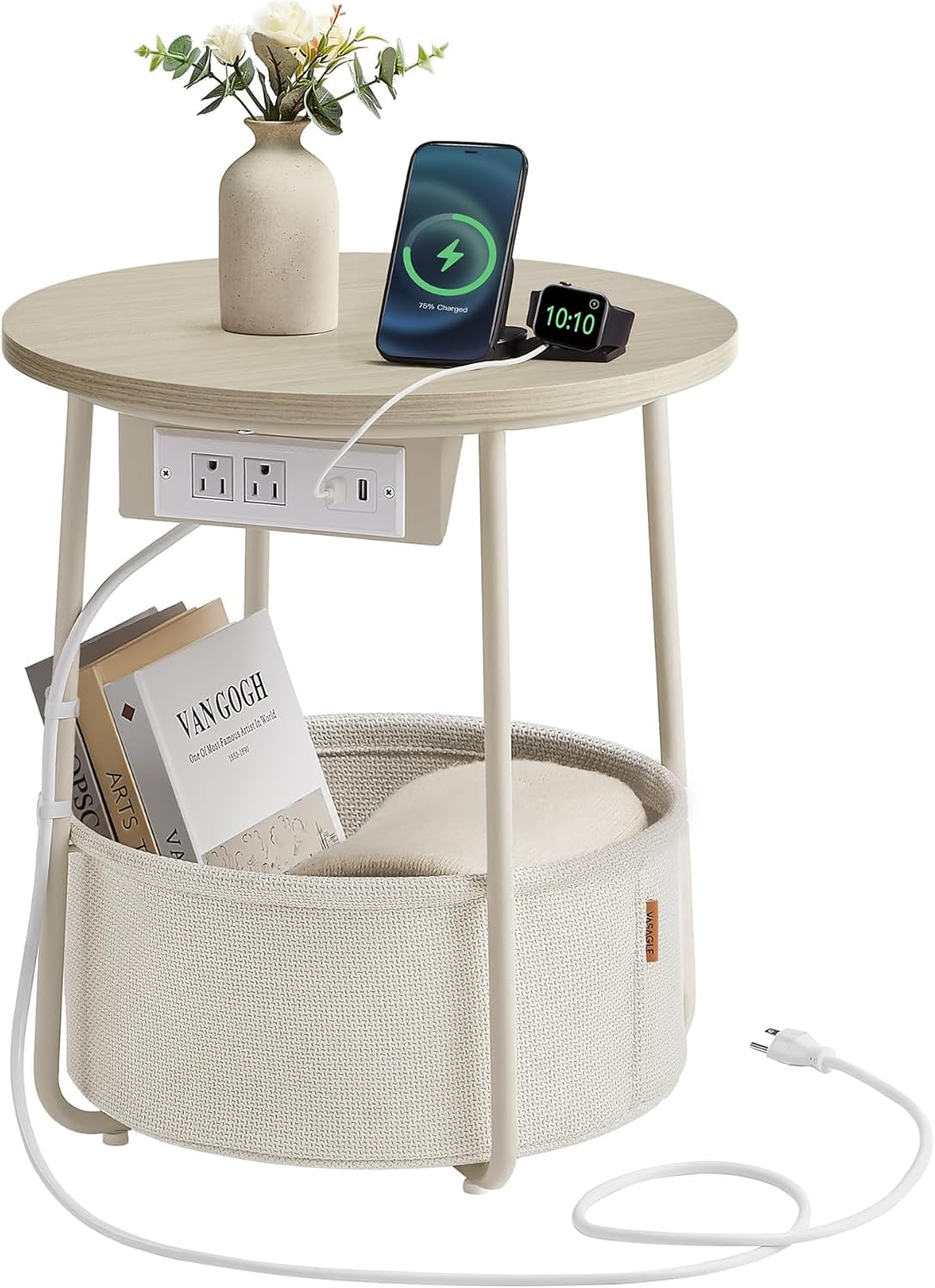 Side Table with Charging Station, Round End Table with Fabric Basket ...