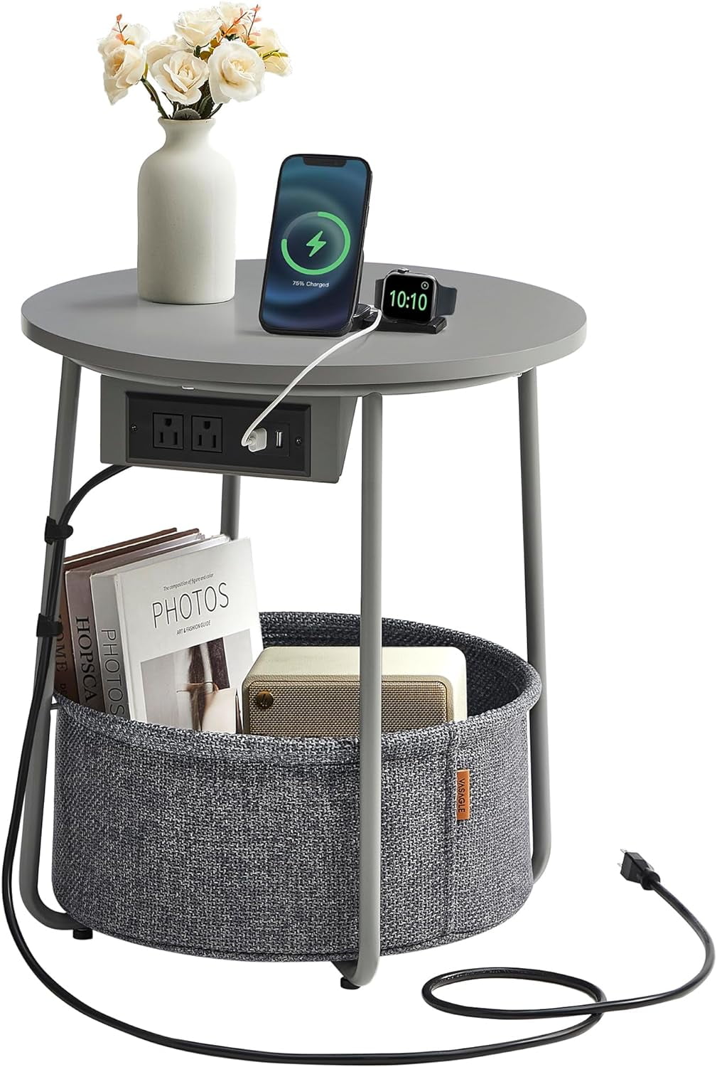 Side Table with Charging Station, Round End Table With Fabric Basket ...