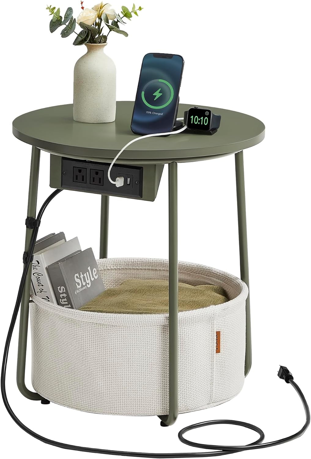 Side Table with Charging Station, Round End Table With Fabric Basket ...