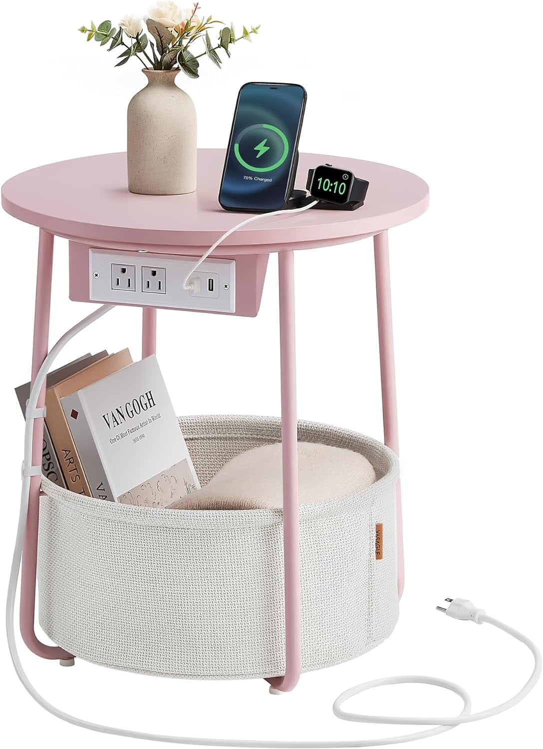 Side Table with Charging Station, Round End Table With Fabric Basket ...