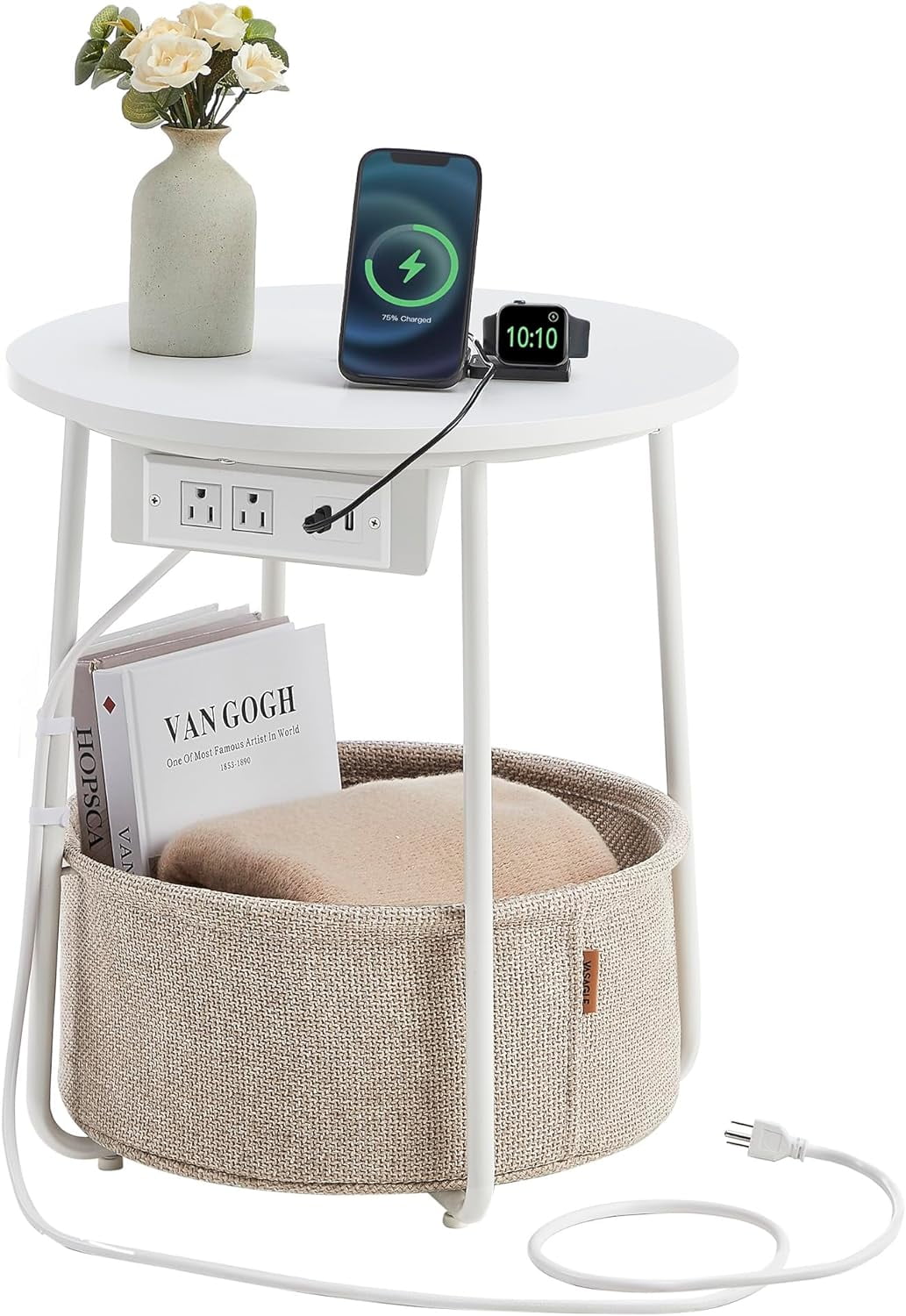 Side Table with Charging Station, Round End Table With Fabric Basket ...