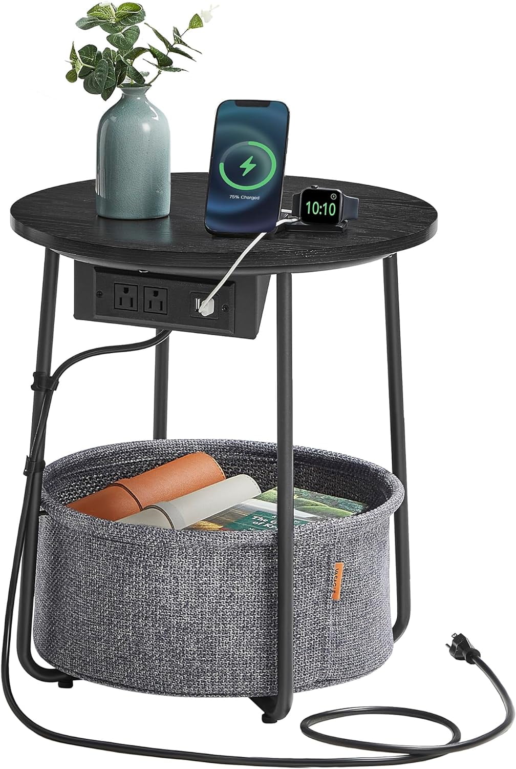 Side Table with Charging Station, Round End Table With Fabric Basket ...
