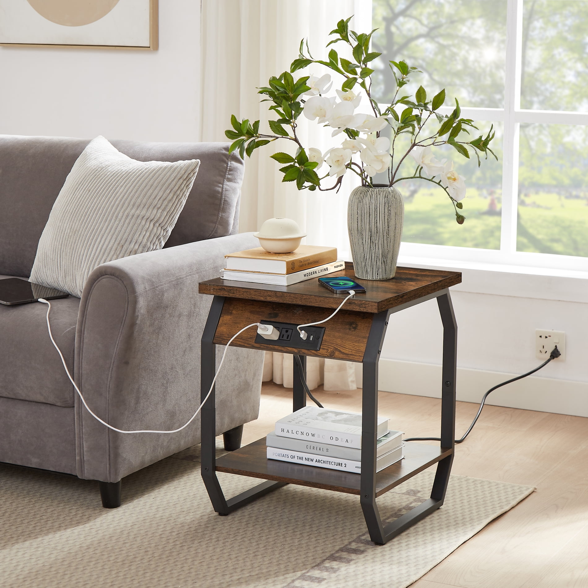 Side Table with Charging Station Set of 2, End Table with USB Ports and ...