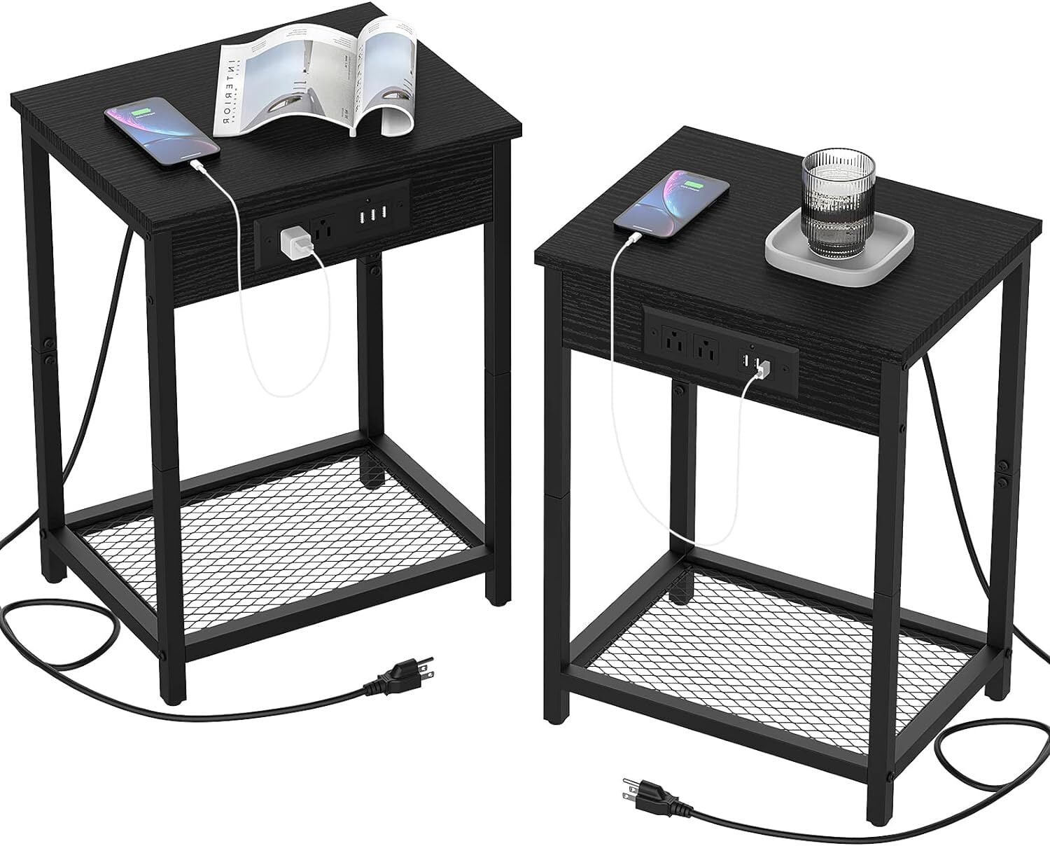 Side Table with Charging Station, Set of 2 End Tables with USB Port and ...