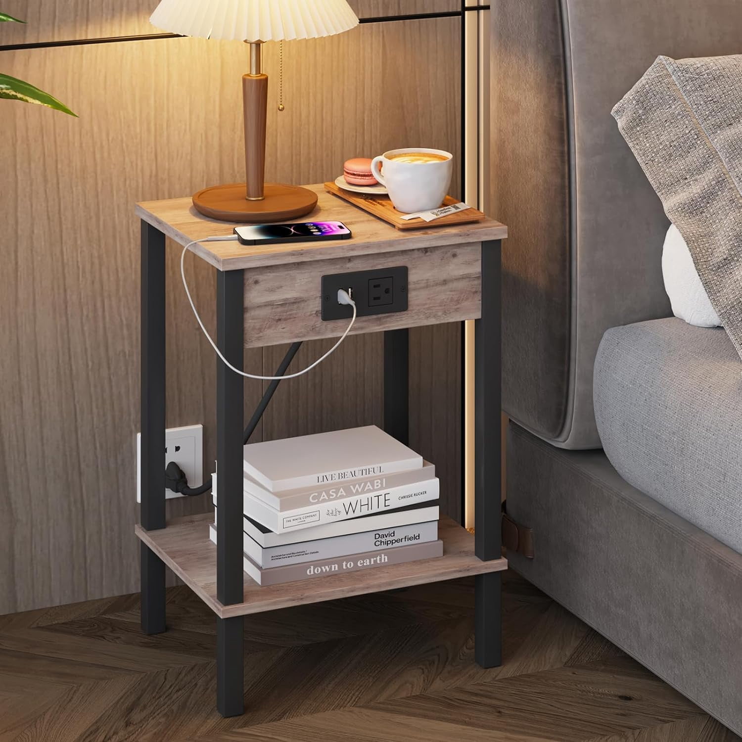 Side Table with Charging Station, Set of 2 End Tables with USB Port and ...