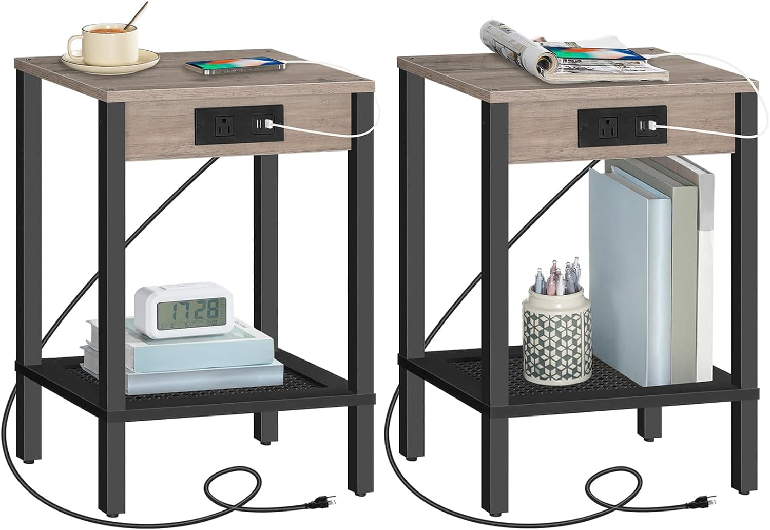 Side Table with Charging Station, Set of 2 End Tables with USB Ports ...
