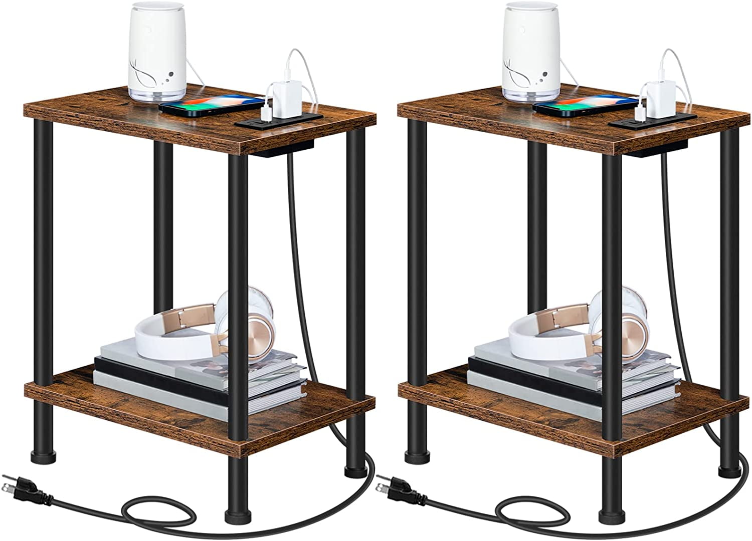 Side Table with Charging Station, Set of 2 End Tables with USB Ports ...