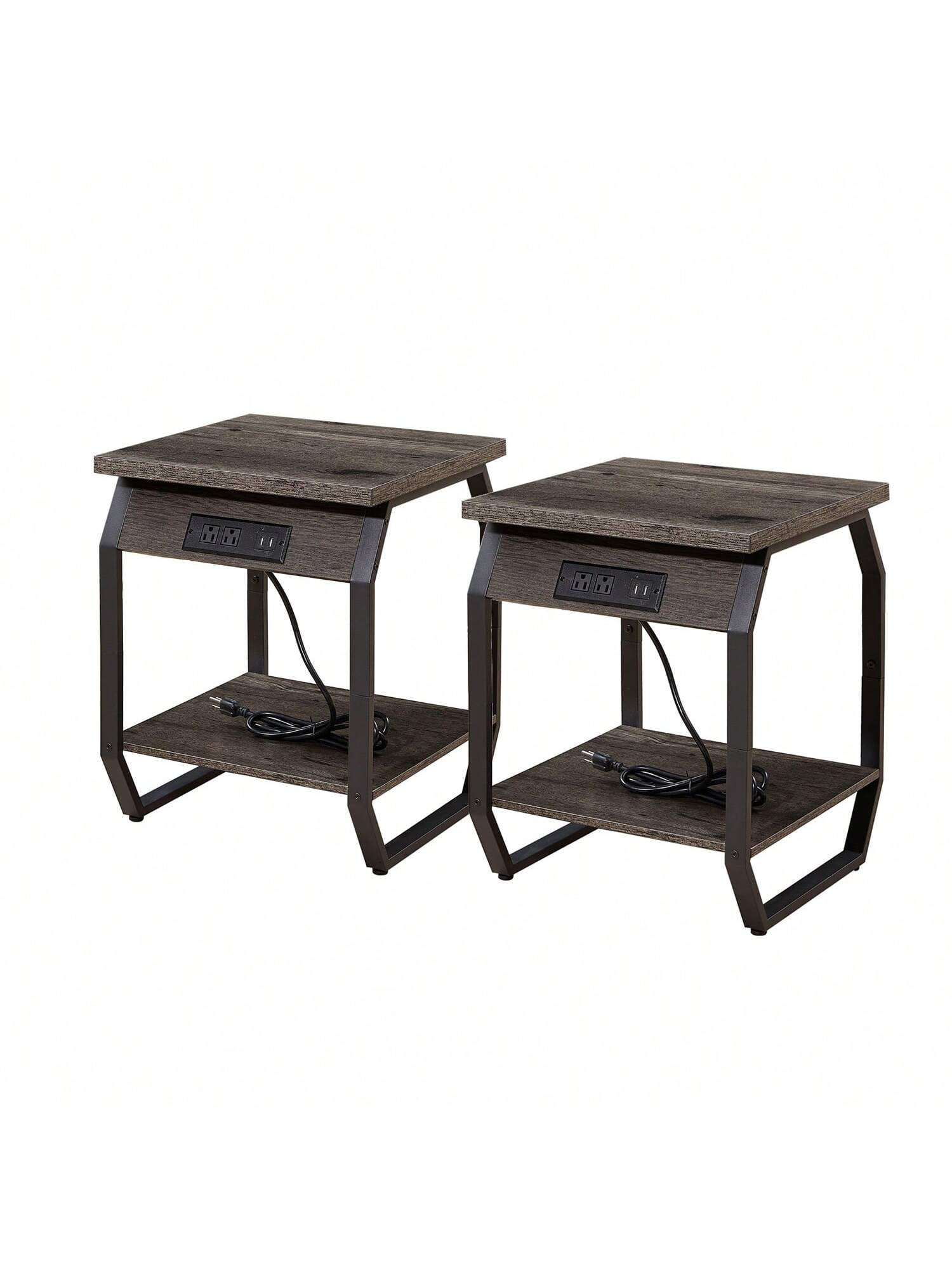 Side Table with Charging Station, Set of 2 End Tables with USB Ports ...