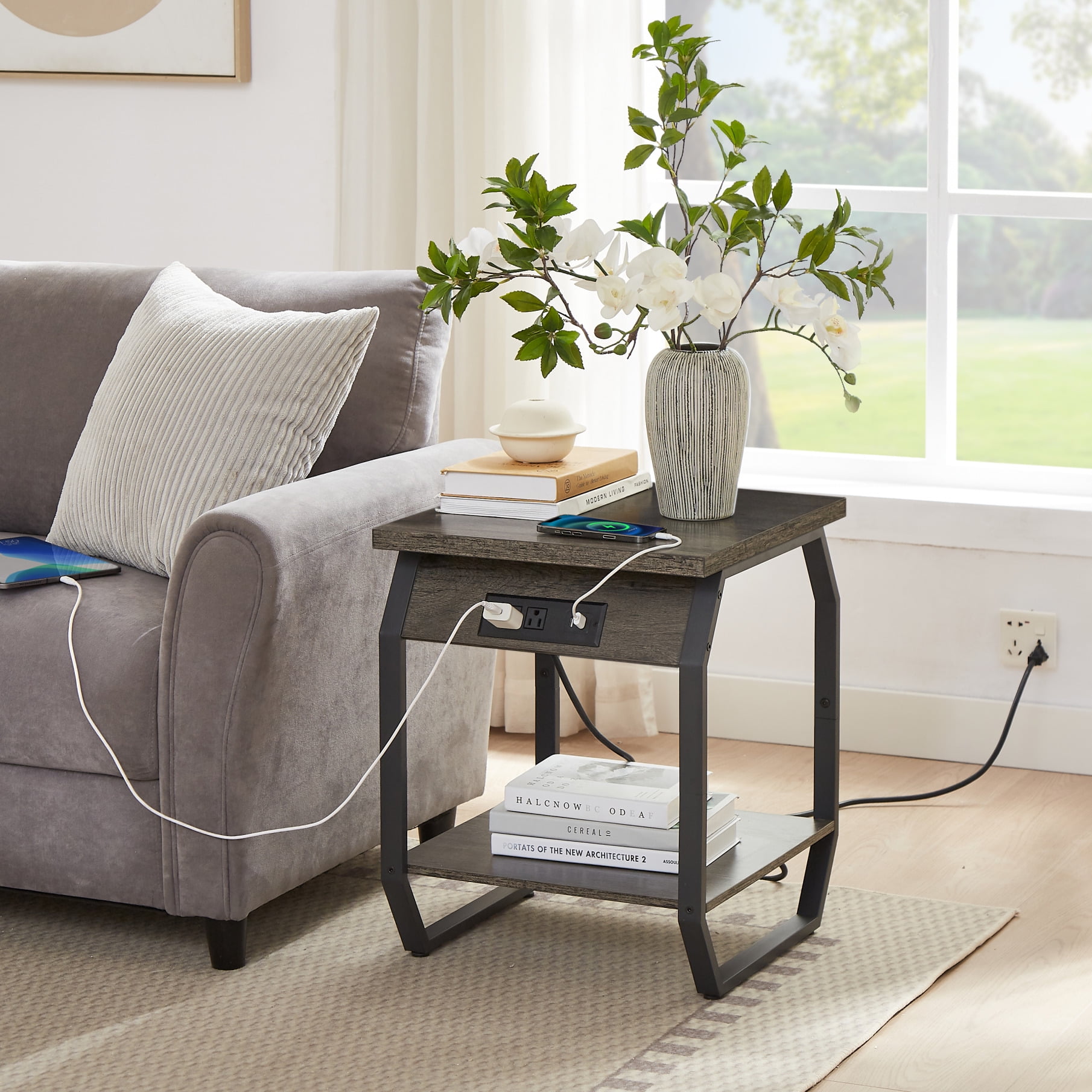 Side Table with Charging Station,Set of 2 End Tables with USB Ports and ...