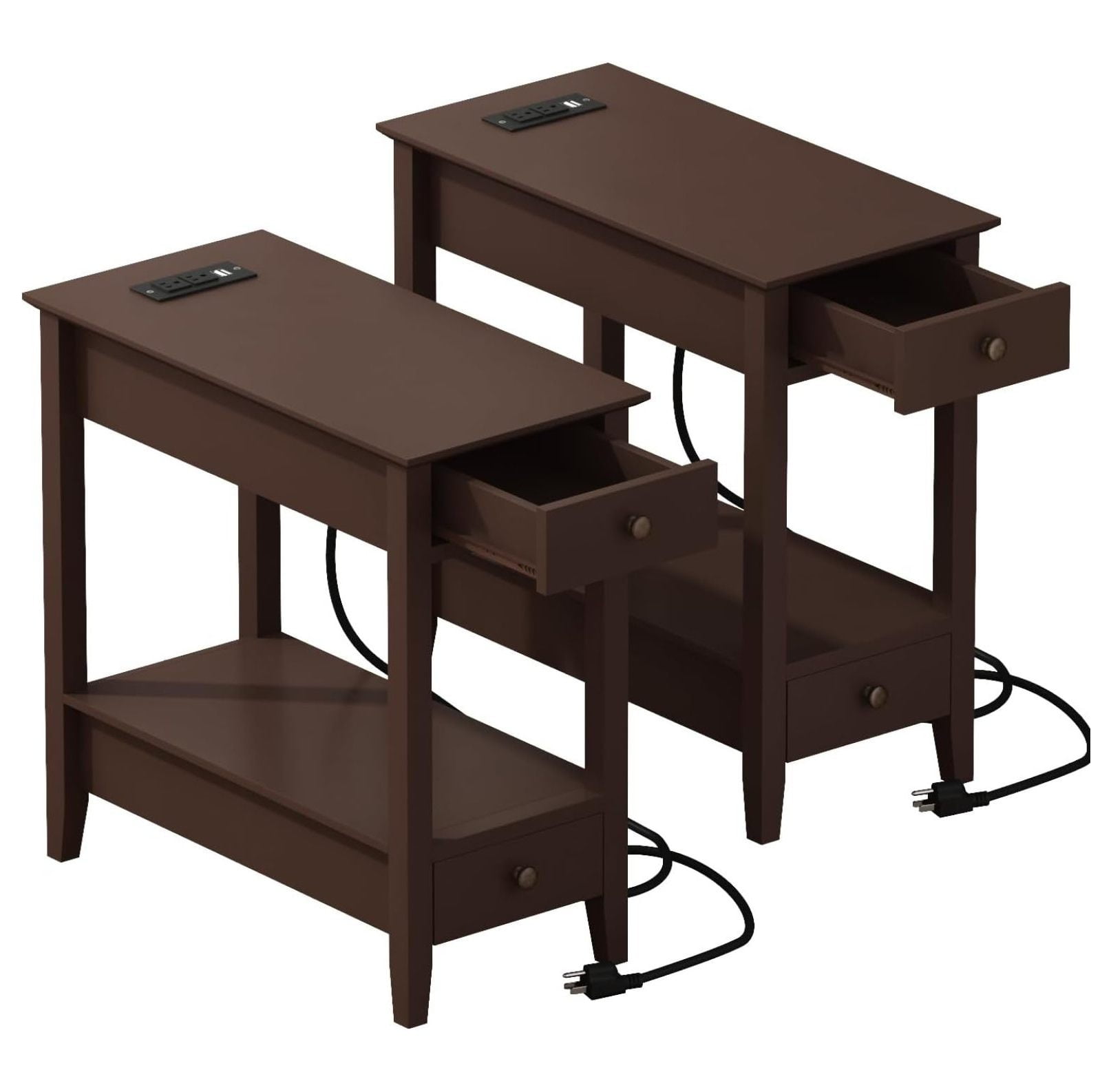 Side Table with Charging Station Set of 2, Narrow End Table with ...