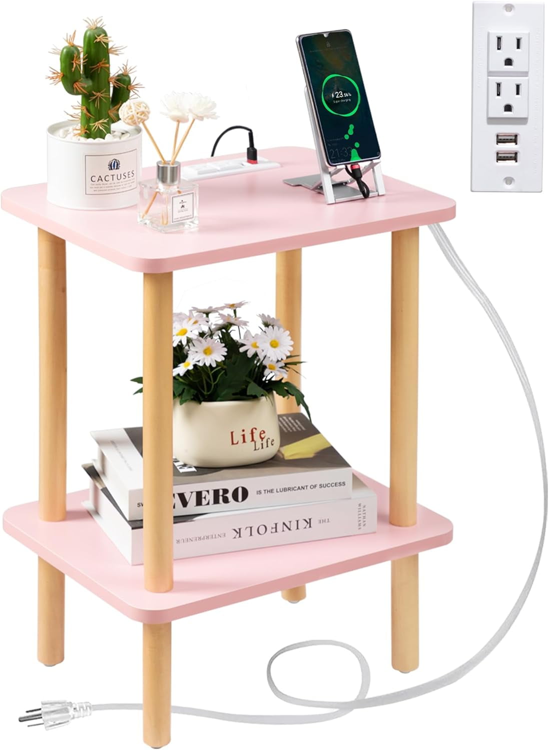 Side Table with Charging Station, Small Side Table with 2 USB Ports and ...