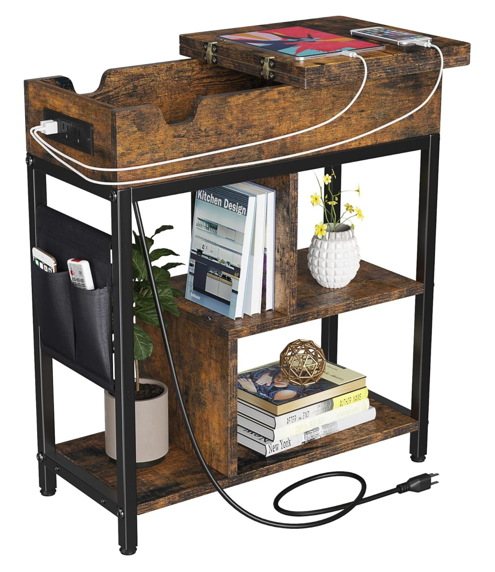 Side Table with Charging Station, Top End Table with USB Ports and ...