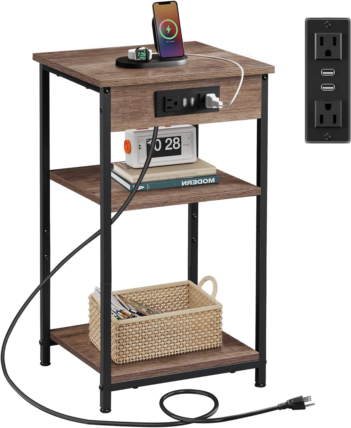 Side Table with Charging Station and USB Ports, Small End Tables for ...