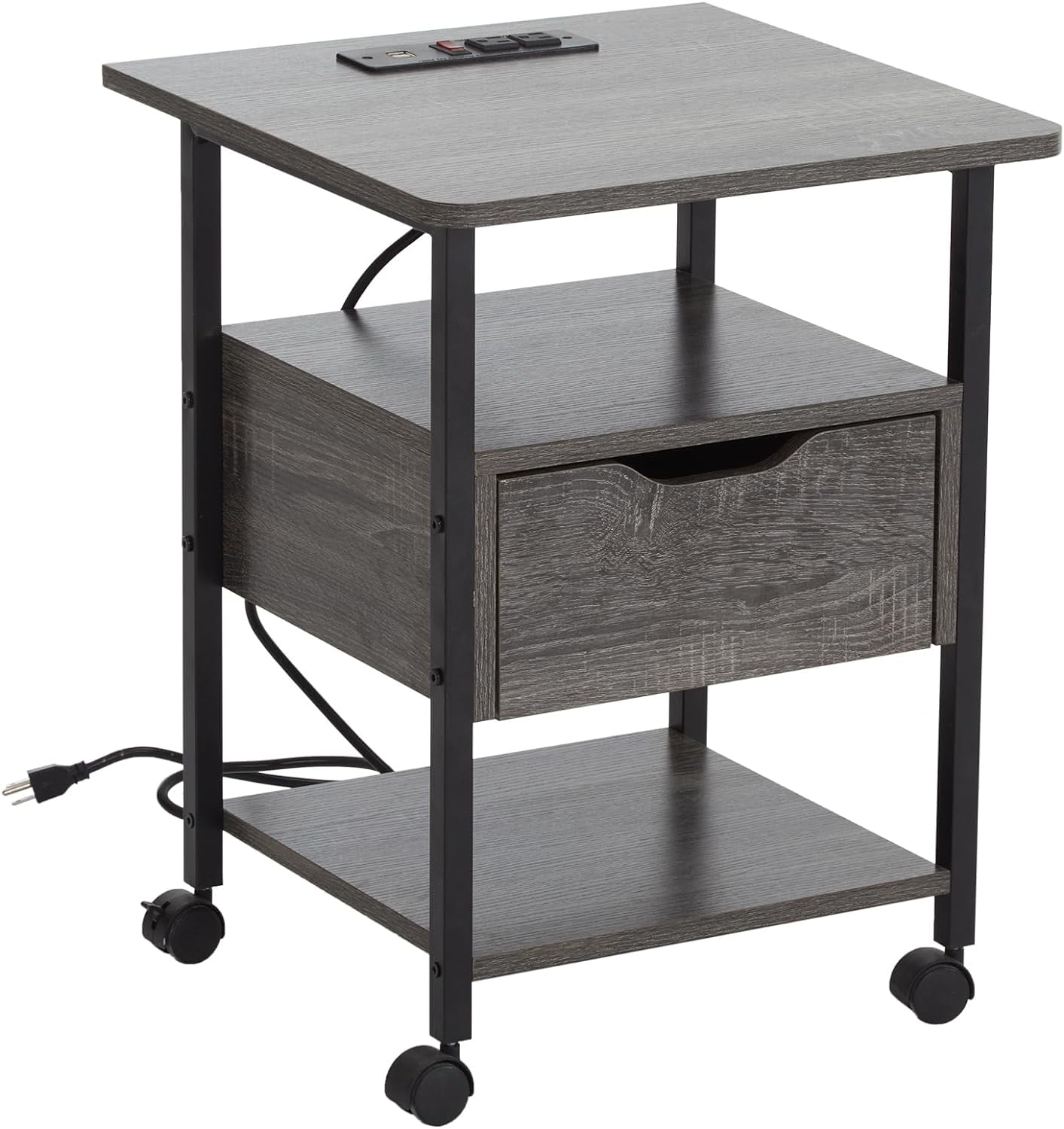 Side Table with Charging Station and Wheels Rolling End Table with 2 ...