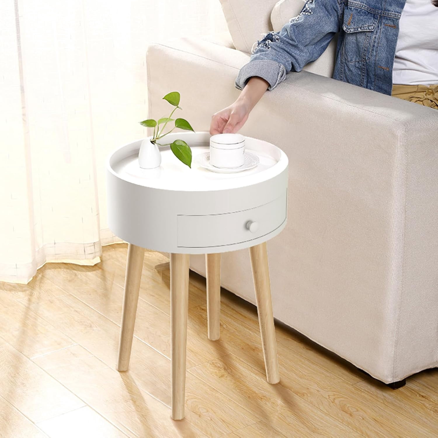 Side Table with Drawer, Round End Table with Storage and Oak Wood Legs ...