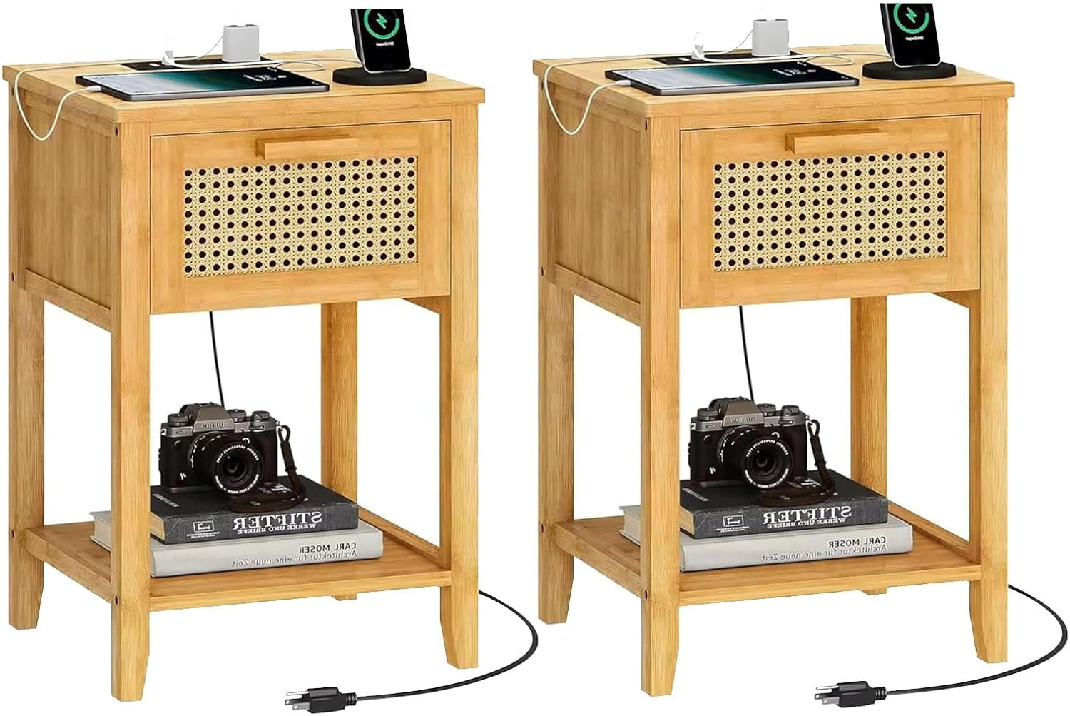 Side Table with Drawers Set of 2, Nightstand with Charging Station ...