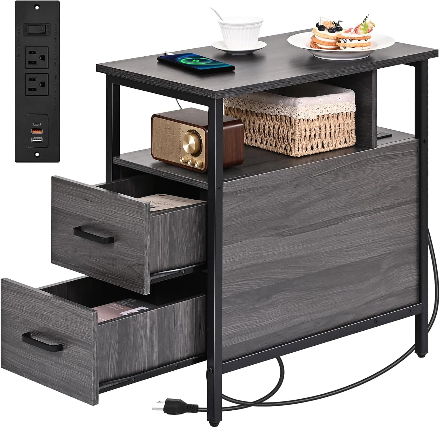 Side Table, End Tables with Charging Station, Narrow End Table with ...