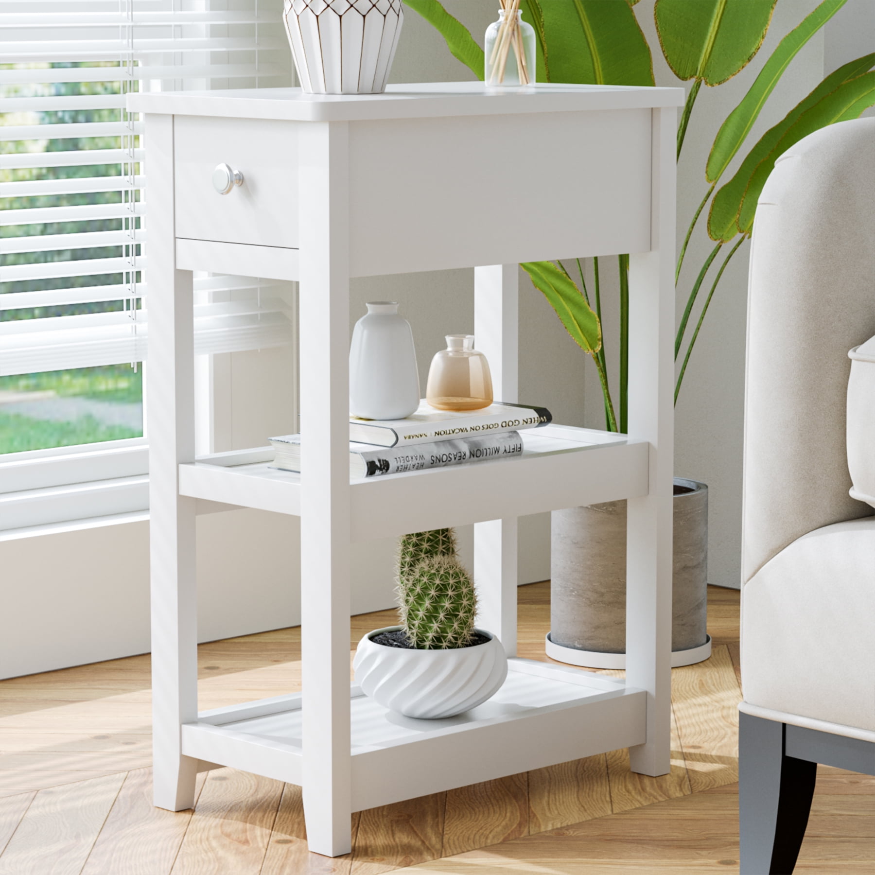 Side Table Living Room, Narrow End Table with Drawer and Shelf, 3-Tier ...