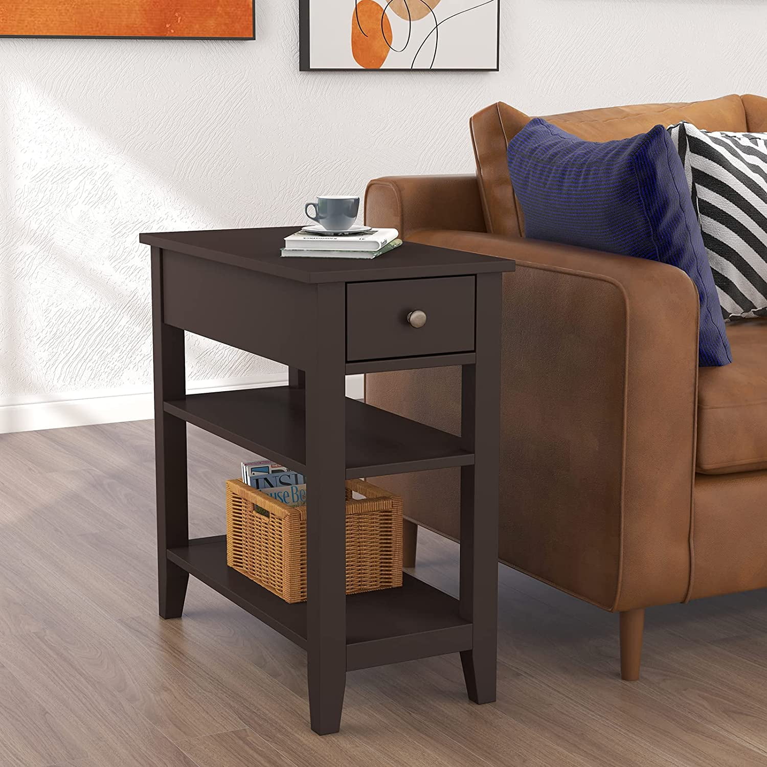 Side Table Living Room, Narrow End Table with Drawer and Shelf, 3-Tier ...