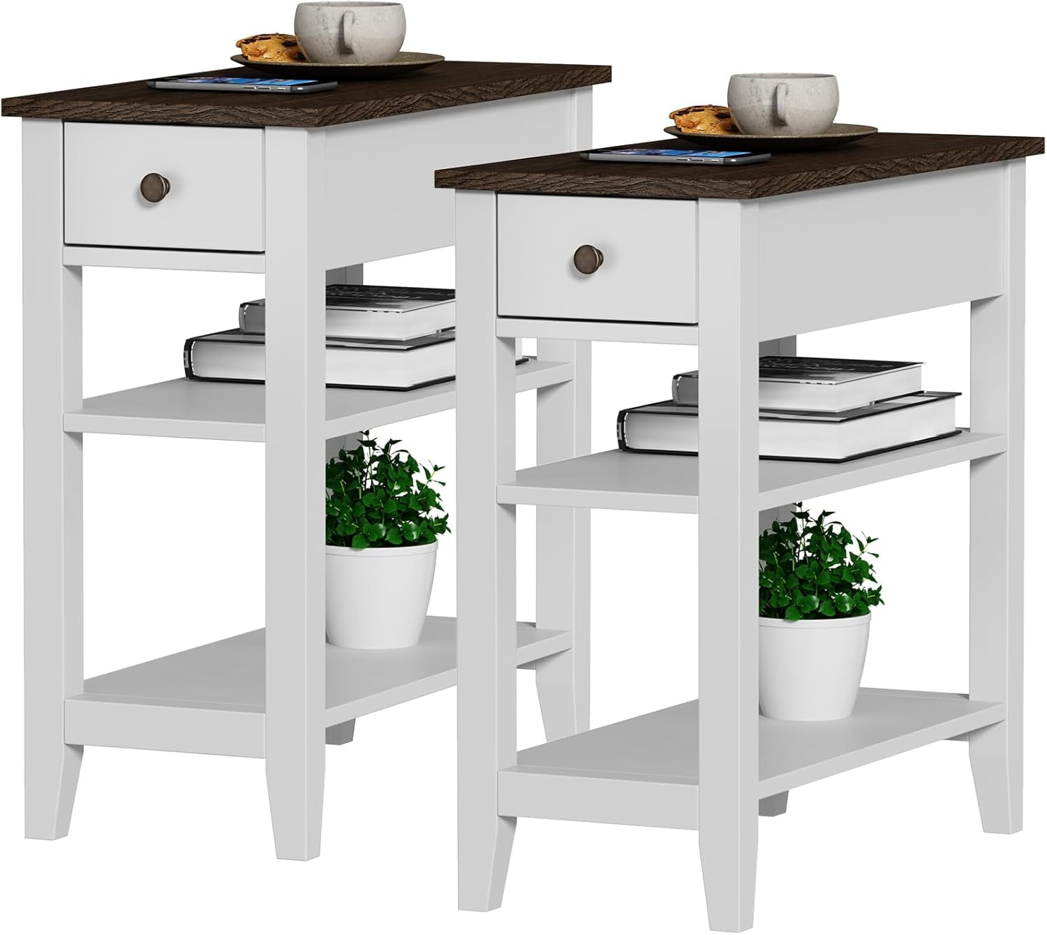 Side Table Living Room Set of 2, Narrow End Table with Drawer and Shelf ...