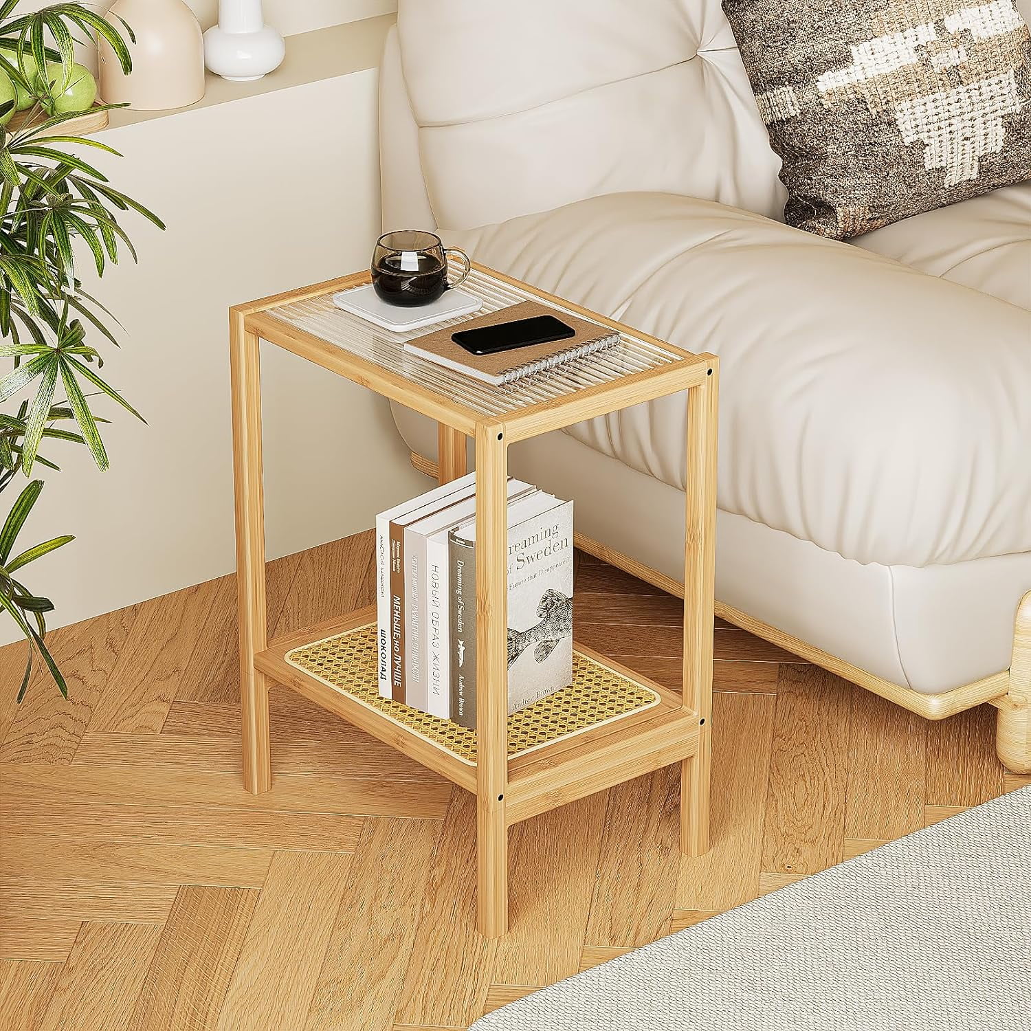 Side Table Nature Rattan Night Stand Glass End Table 2-Tier with ...