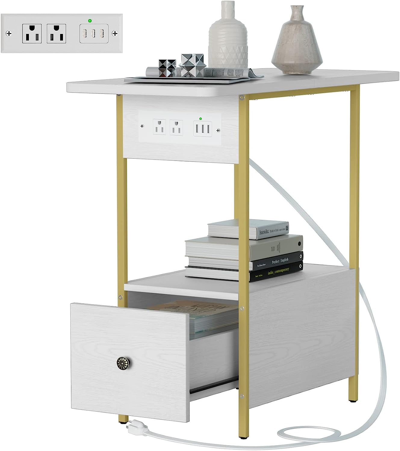 Side Table Night Stands End Table with Charging Station Drawers Small ...