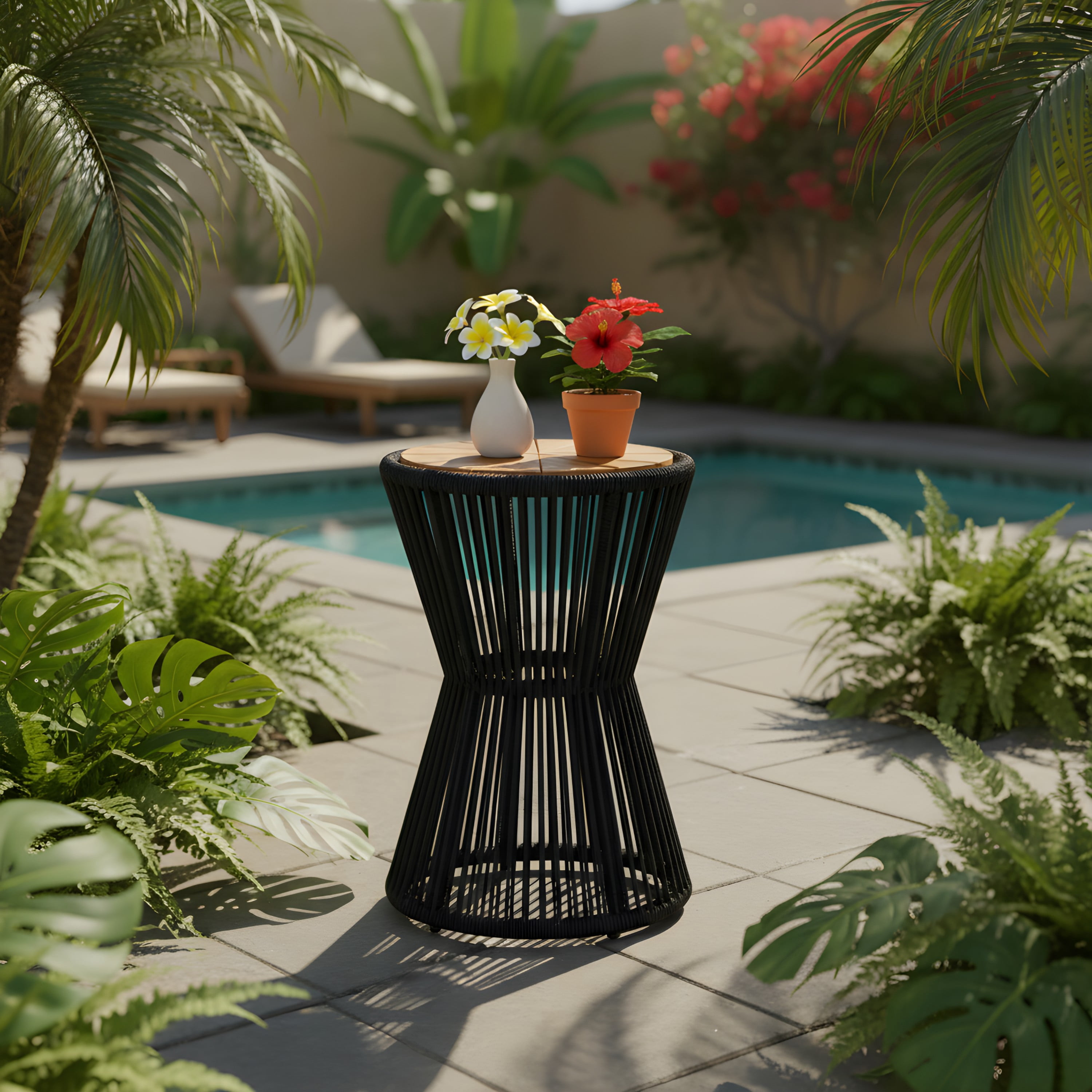 Side Table, Outdoor Black Rope and Acacia Wood Hourglass Design Table ...