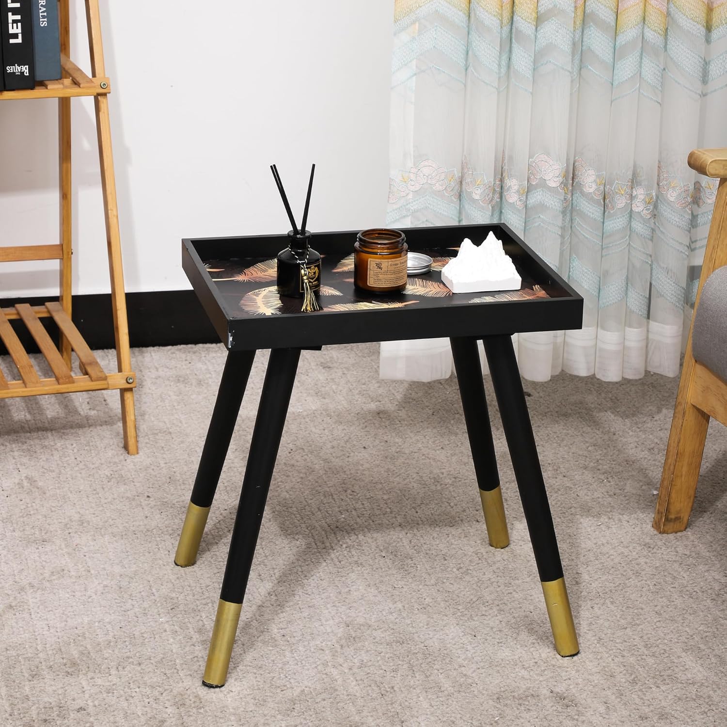Side Table,Rectangle Nightstand,Wood Legs and Pattern of Feather.Small ...