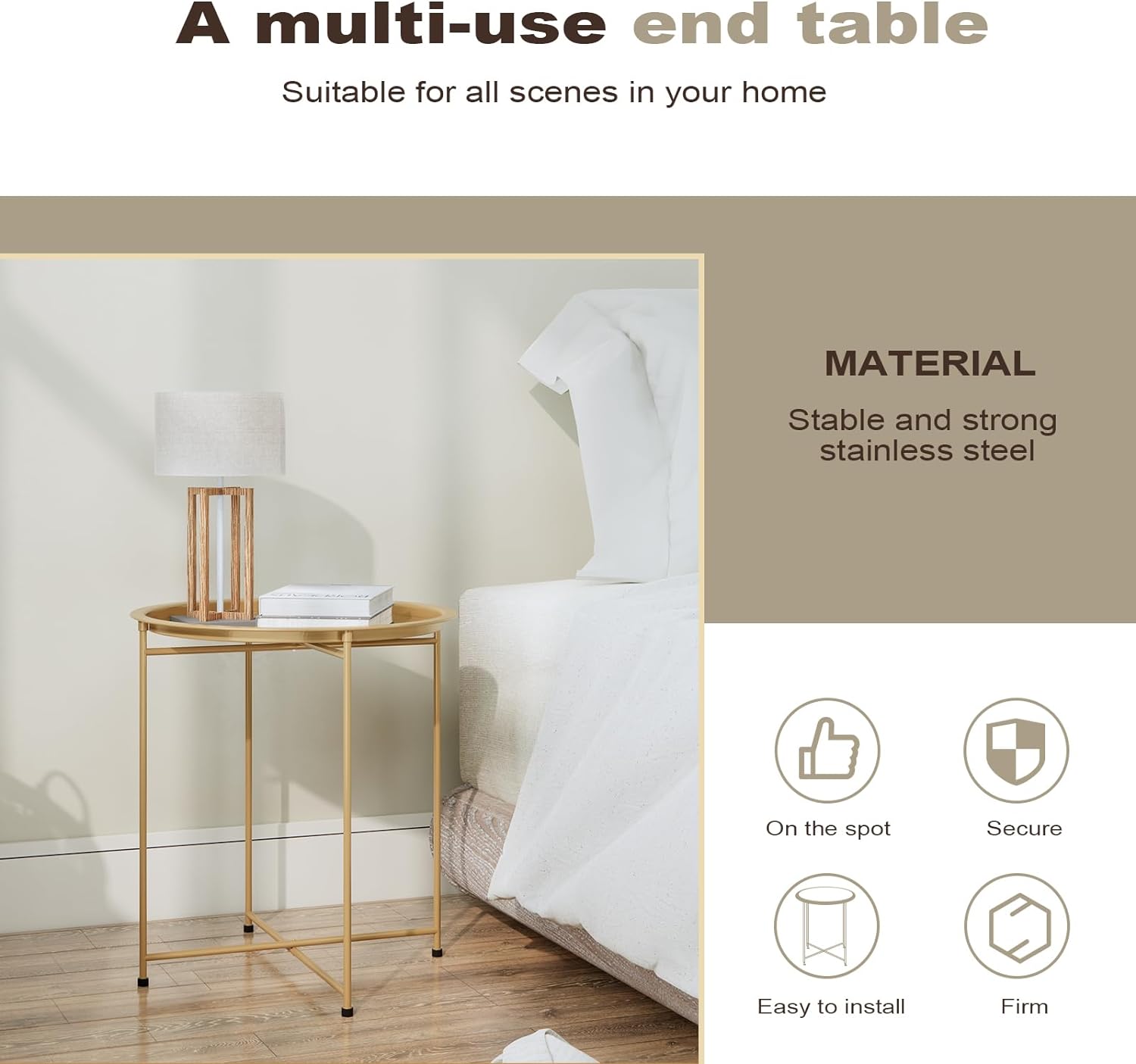 Side Table, Round End Table, Small Metal Patio Table, Folding Outdoor ...