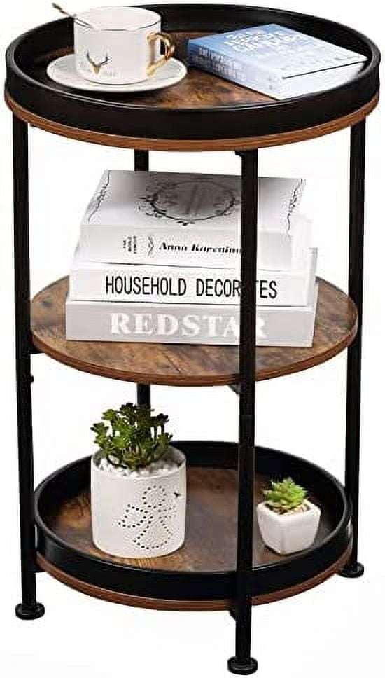 Side Table, Round End Table with 3 Storage Shelves for Living Room ...