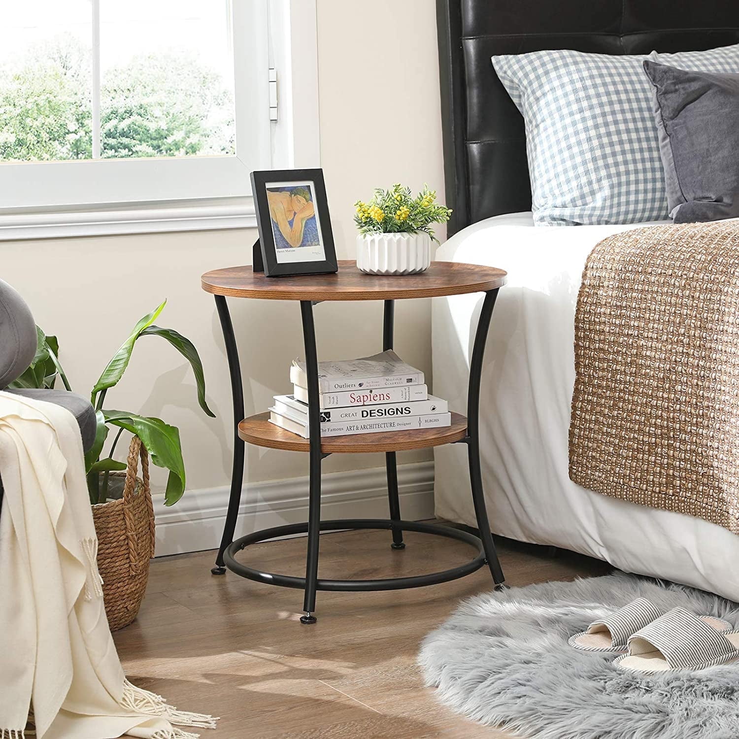 VASAGLE 2-Tier Side Table with Wooden Top, Round End Table with Shelf ...