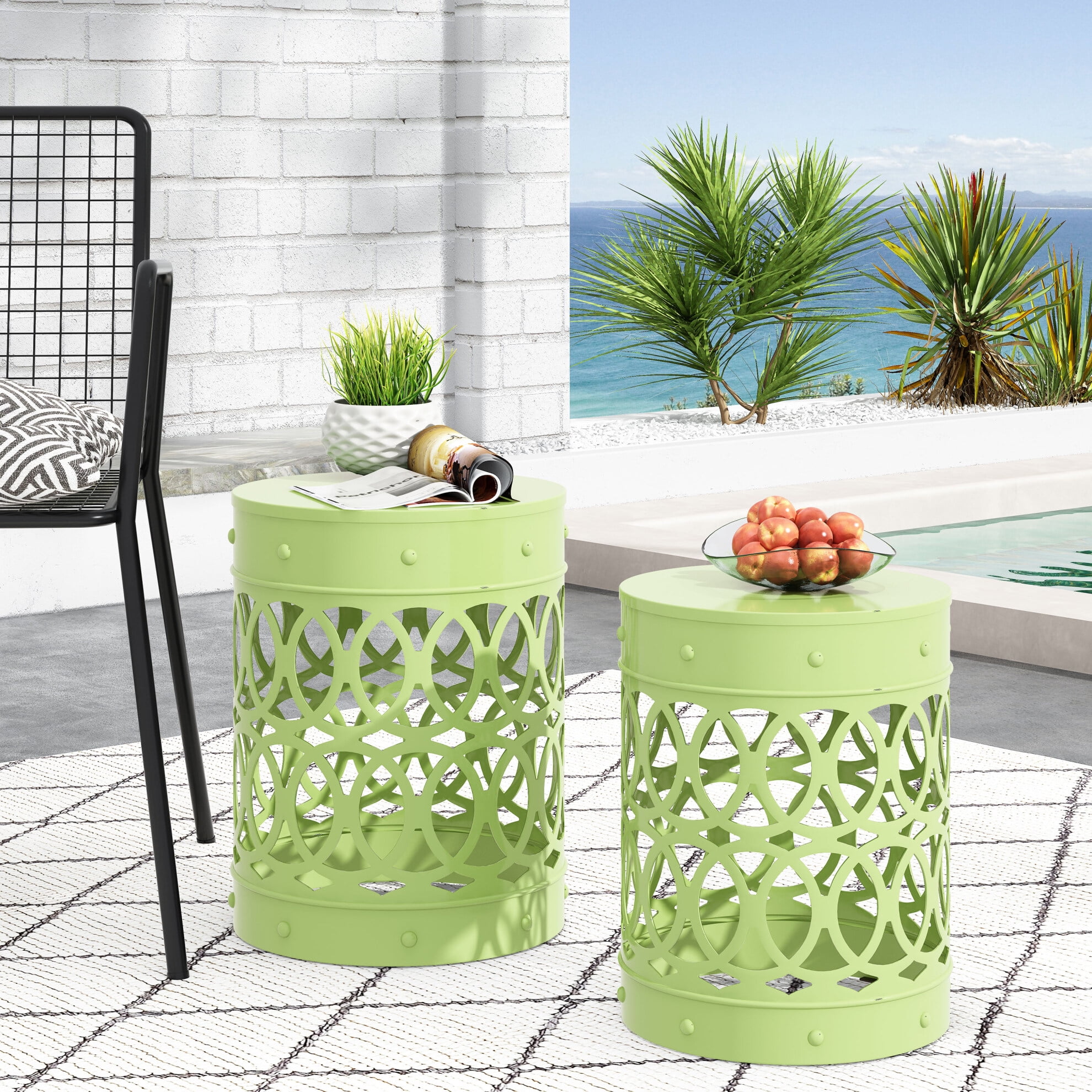 Side Table Set of 2, 2 Size Barrel Iron End Tables Living Room, Lace ...