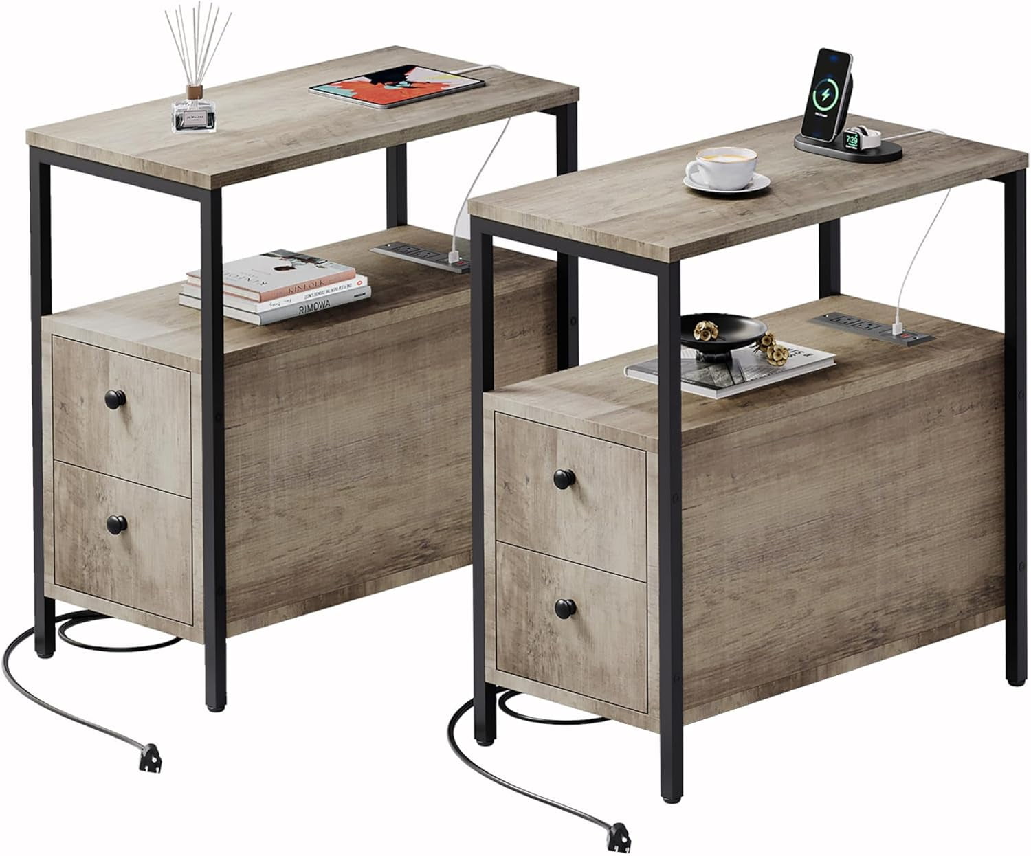 Side Table Set of 2, Eh with Charging Station, Narrow Nightstand with 2 ...