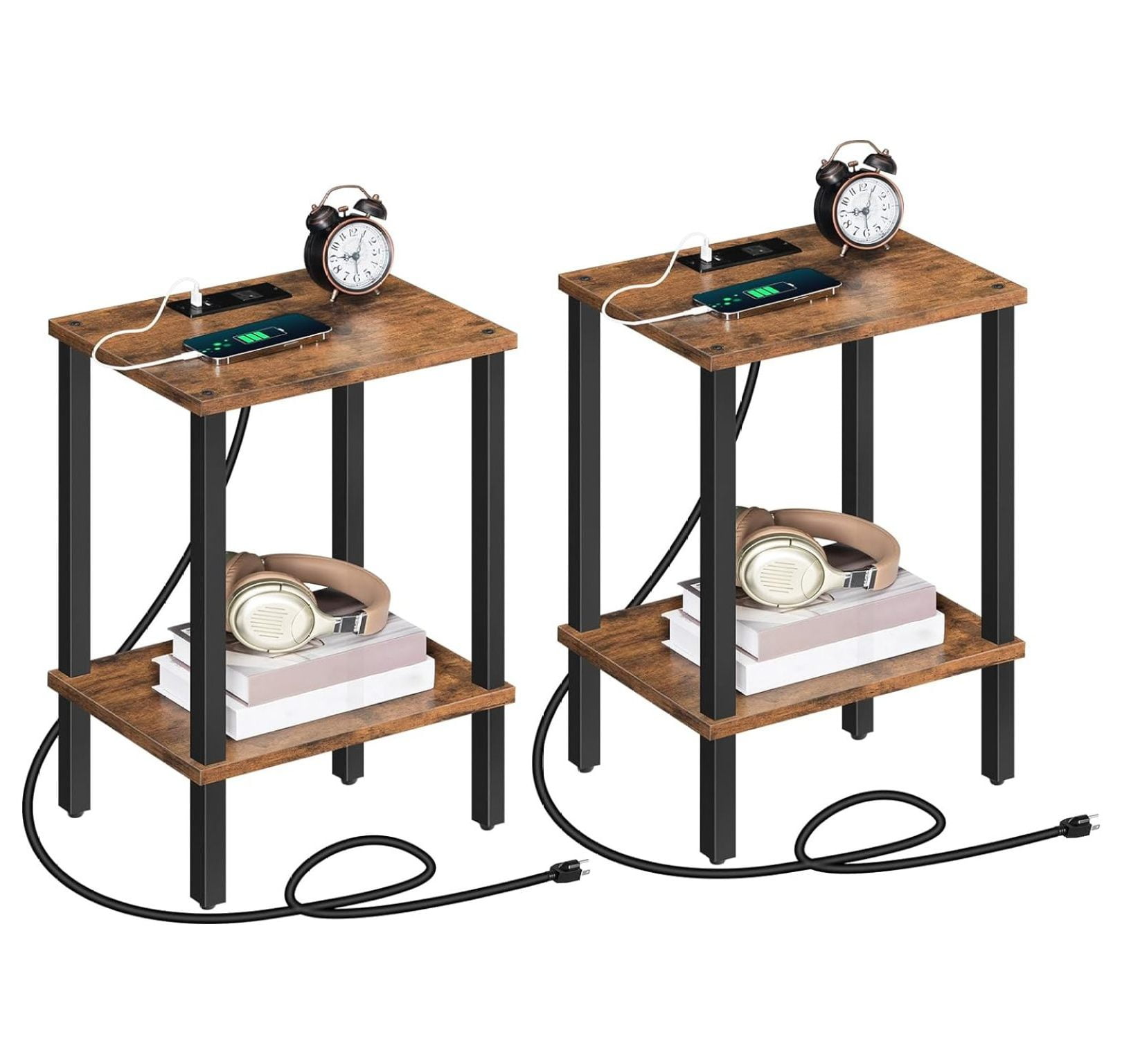 Side Table Set of 2, End Table with Charging Station, Nightstand with ...
