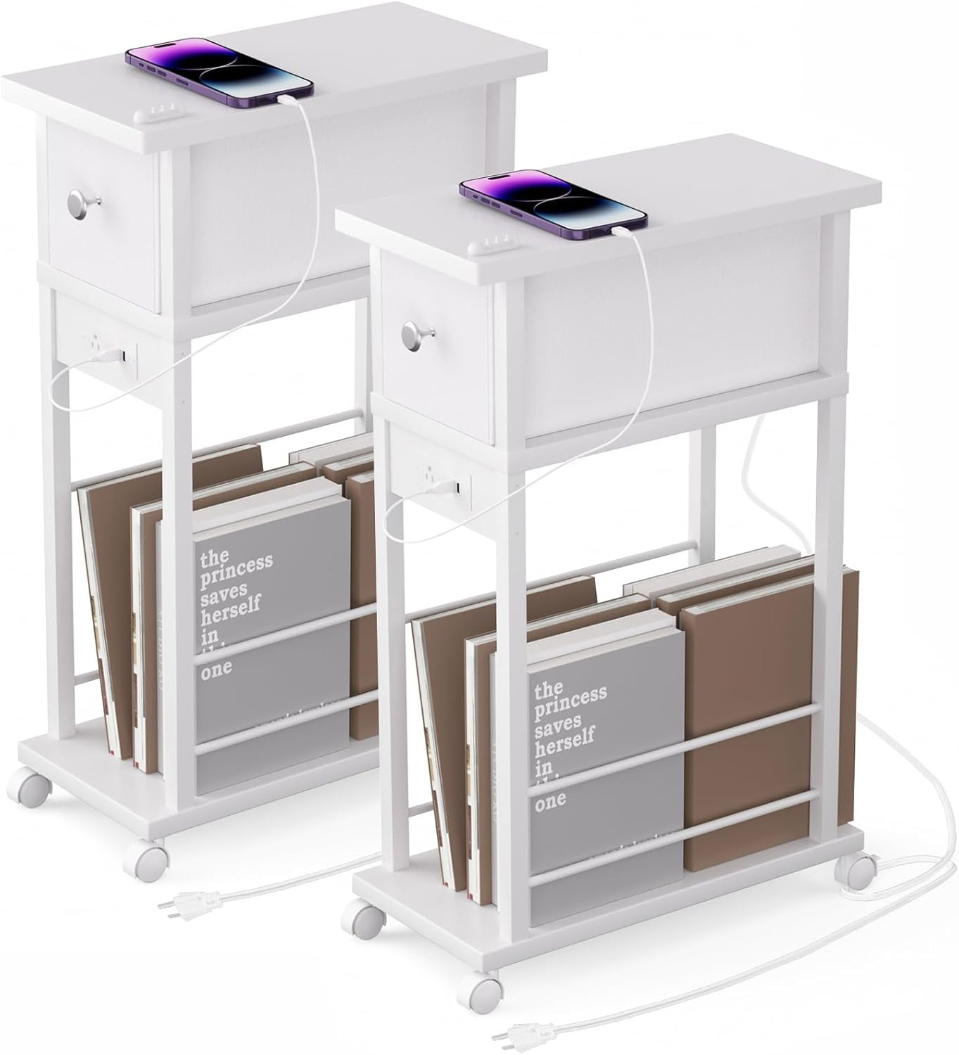 Side Table with Charging Station and Drawer, Narrow End Table with USB ...