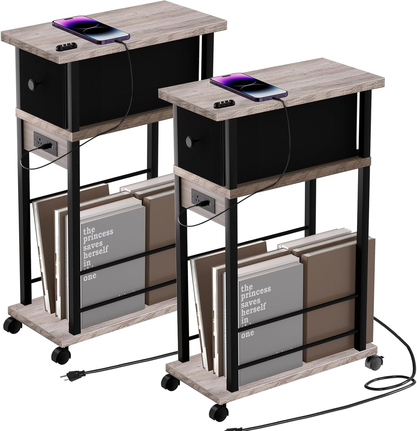 Side Table Set of 2,Side Table with Charging Station and Drawer, Narrow ...