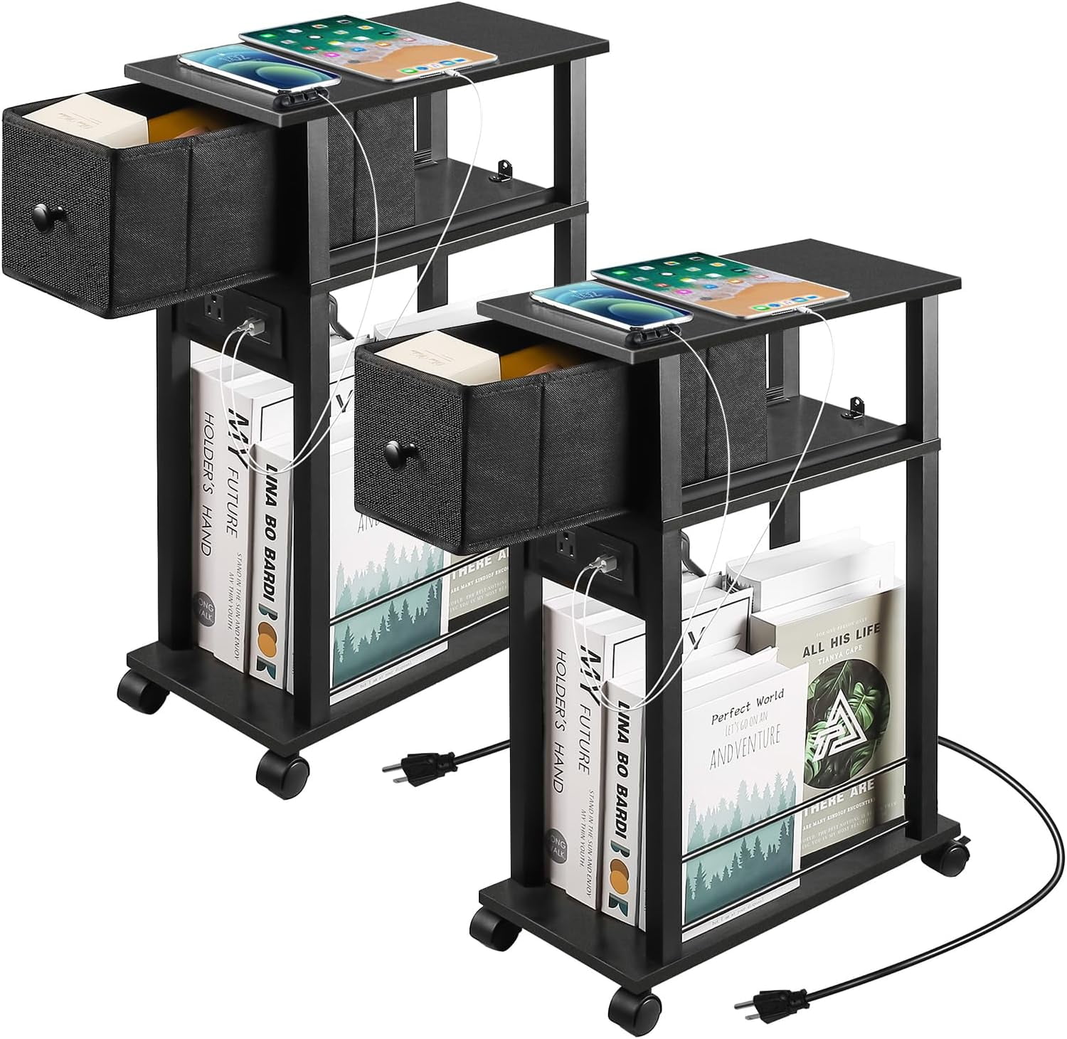 Side Table Set of 2, Side Table with Charging Station and Drawer ...