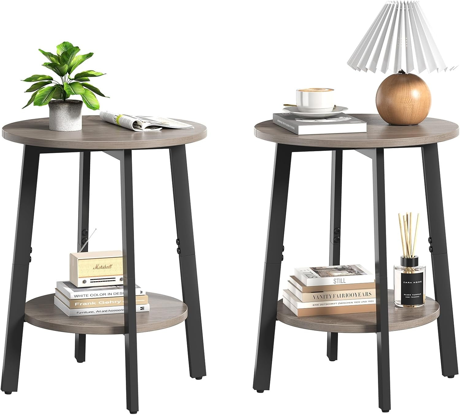 Side Table Set of 2, Small Round End Table with Storage Shelf for Small ...