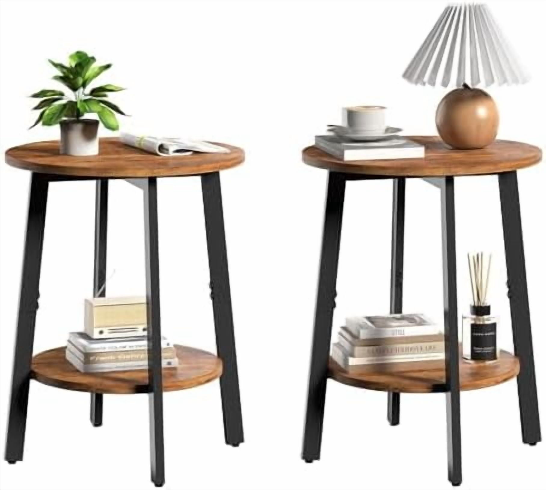 Side Table Set of 2, Small Round End Table with Storage Shelf for Small ...