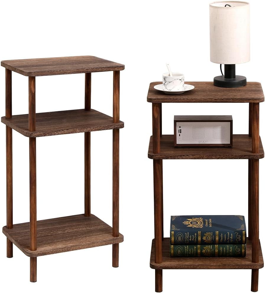 Side Table Set of 2, Wooden 3-Tier Narrow End Tables, Rustic Brown ...