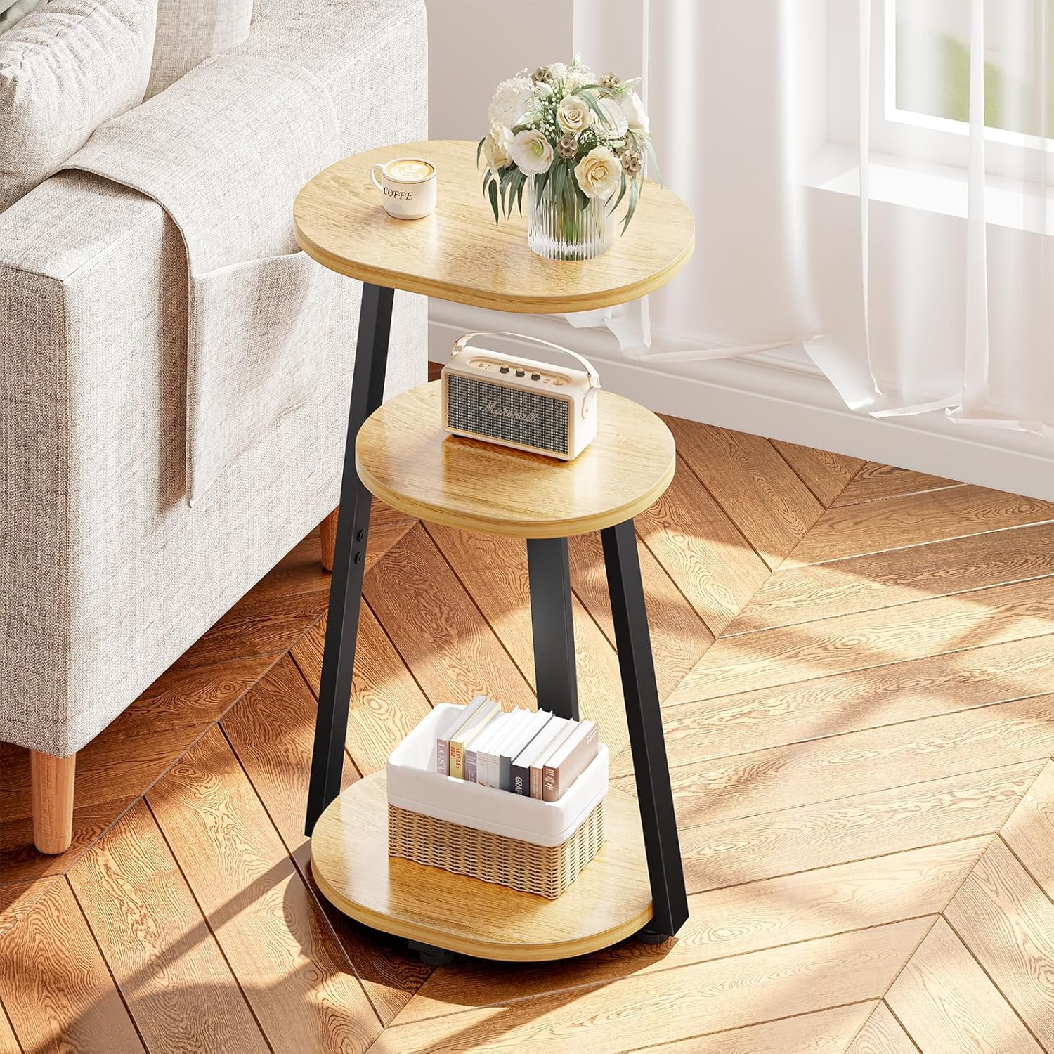 Side Table, Small End Table with Metal Frame, 3-Tier Bedside Table ...