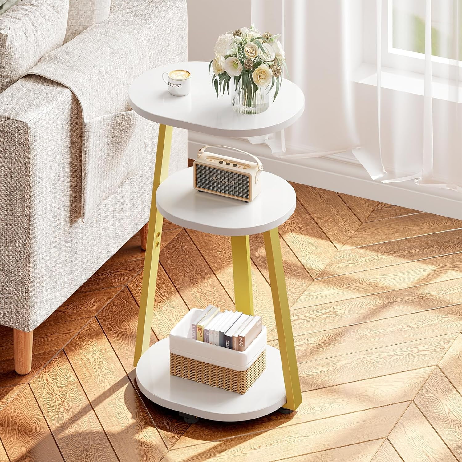Side Table, Small End Table with Metal Frame, 3-Tier Bedside Table ...