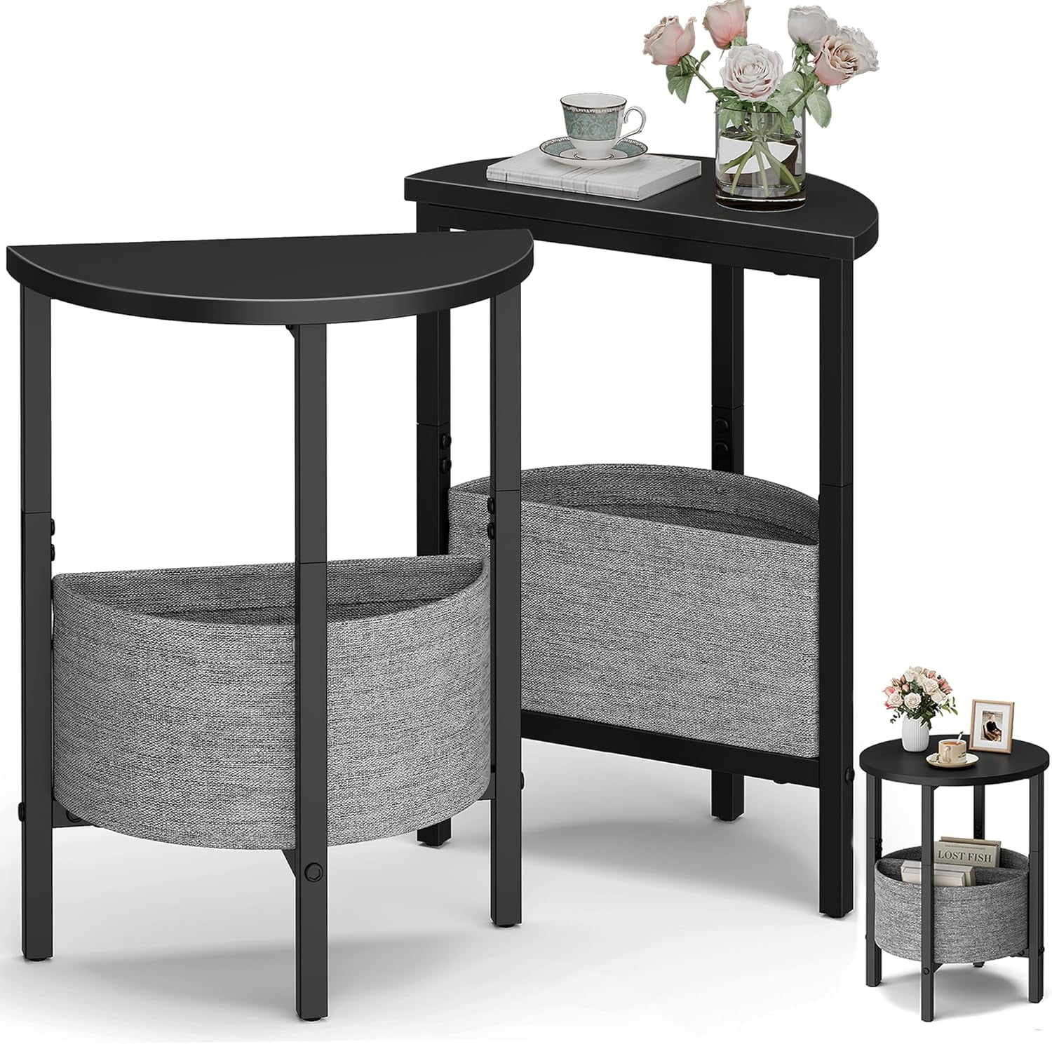 Side Table, Small Round End Table with Fabric Basket, Set of 2 Half ...