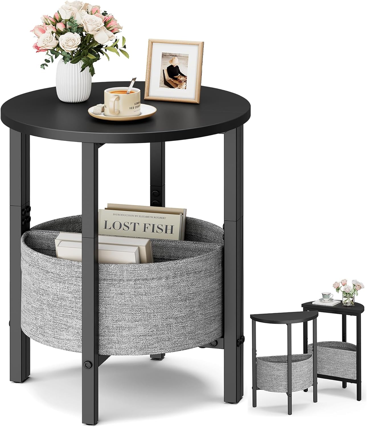 Side Table, Small Round End Table with Fabric Basket, Set of 2 Half ...