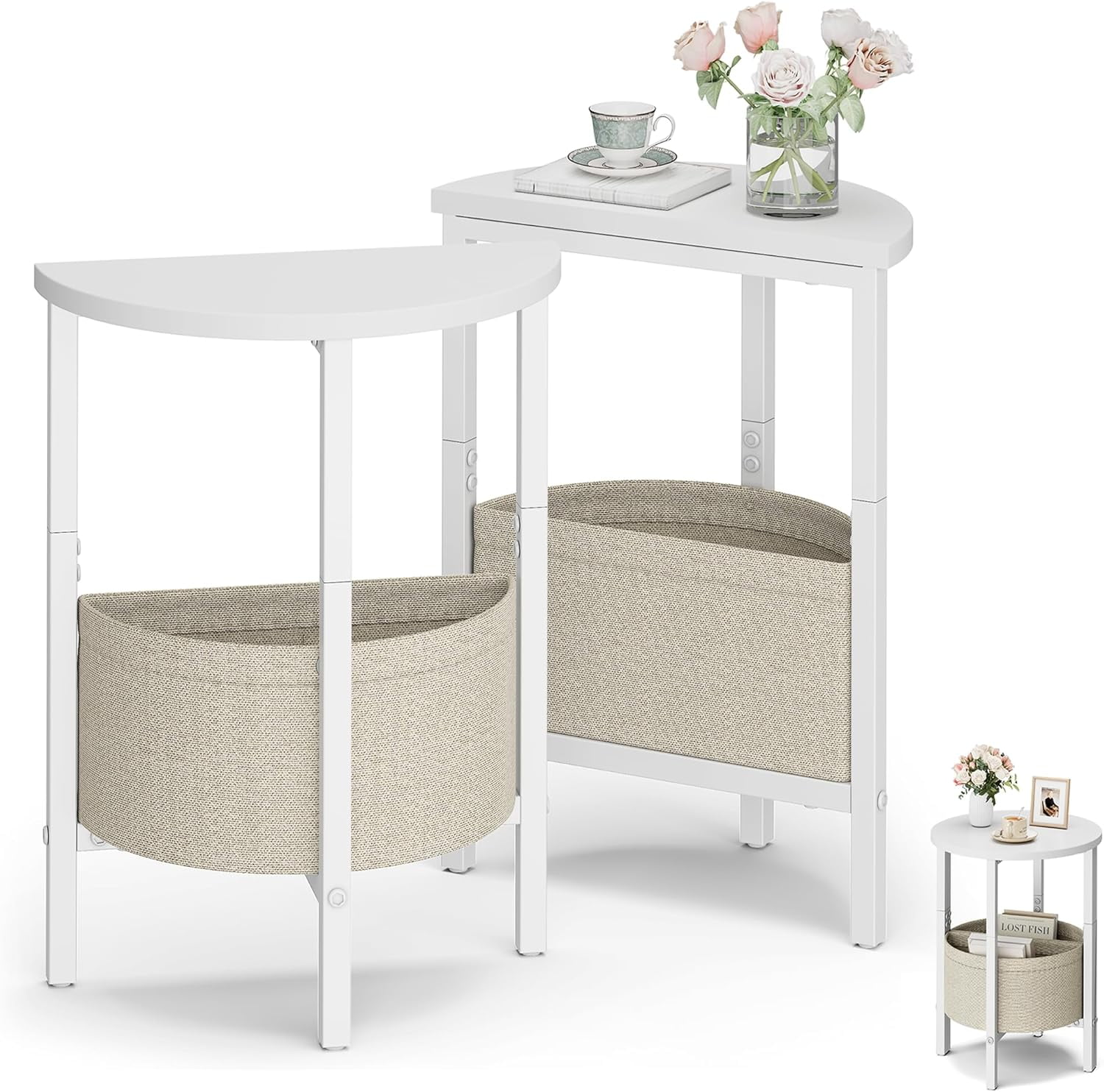 Side Table, Small Round End Table with Fabric Basket, Set of 2 Half ...