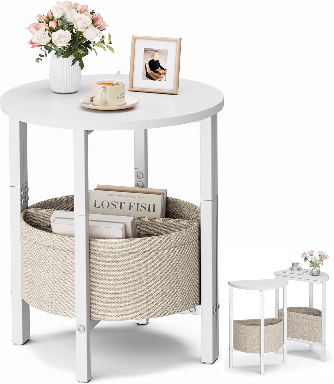 Side Table, Small Round End Table with Fabric Basket, Set of 2 Half ...