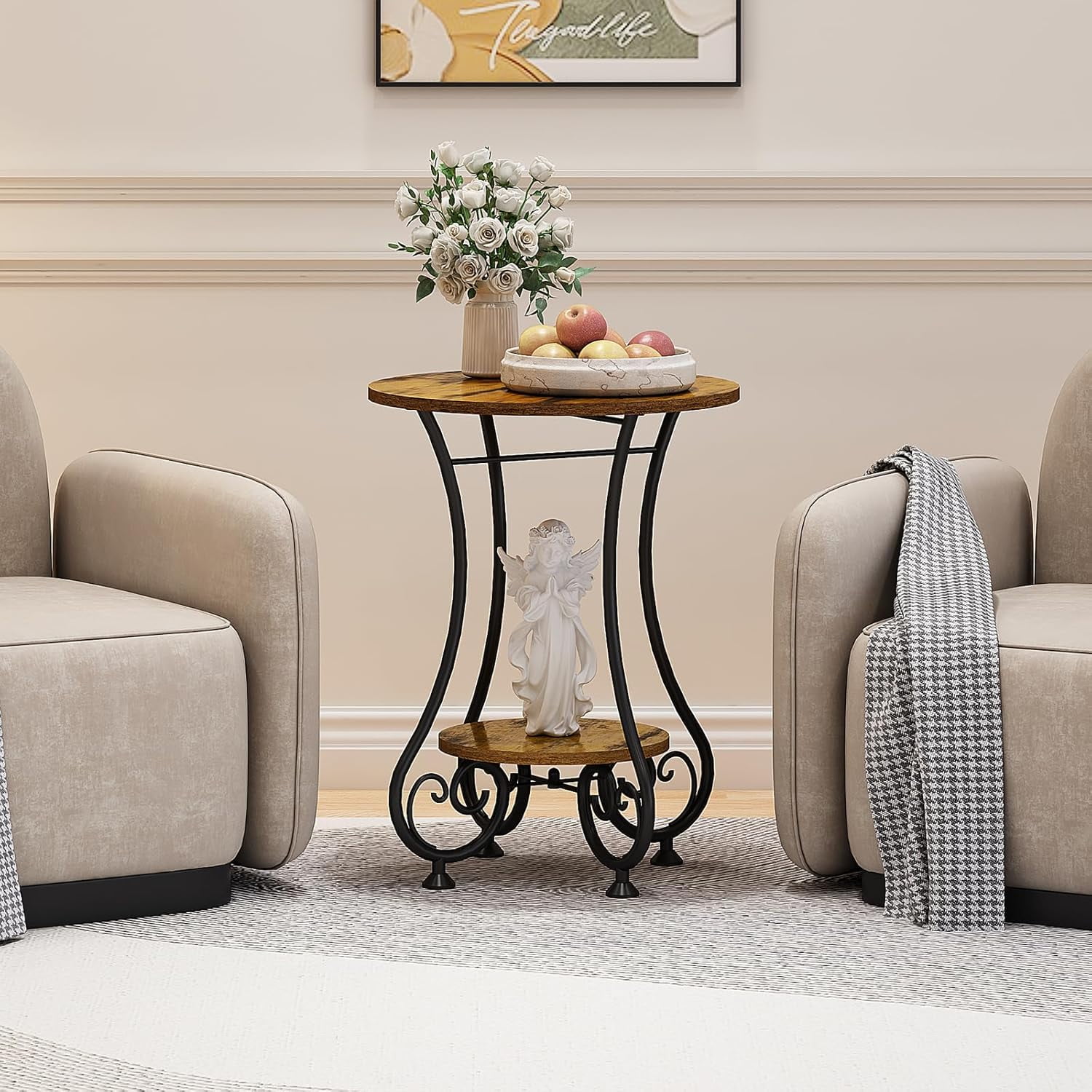 Side Table,Small Round End Table with Lower Shelf for Small Spaces ...