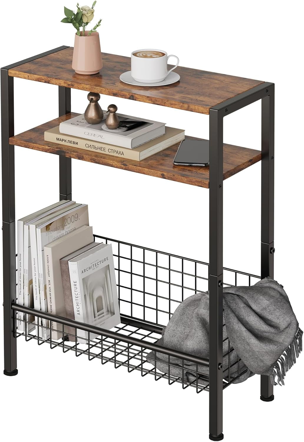 Side Table for Small Spaces, Set of 2 Narrow End Table with Magazine ...